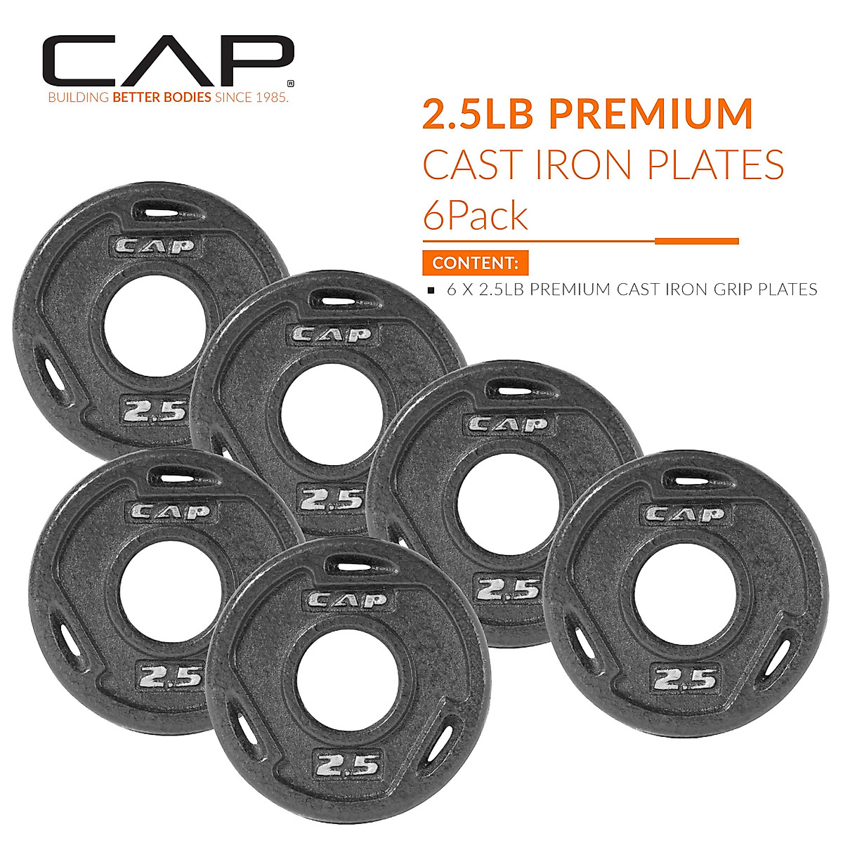 CAP Barbell 2-Inch Olympic Grip Weight Plate, 2.5 lb, Set of 6 Black