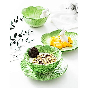 Espicades Cabbage Series Cartoon Ceramic Dinner Bowl&Plate with Spoon Set-Pink/Green(1 Bowl+1 Plate+1 Spoon) Set of 3