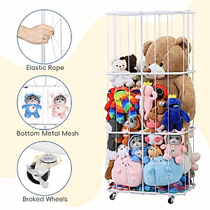 Ebeneze Metal Stuffed Animal Storage, Large Stuffed Animal Zoo Holder, Kids Toy Storage Organizer with Wheel and Elastic String, Plush Storage Shelf for Kids Room, Bedroom, Playroom, Nursery, White