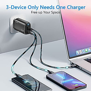 65W Wall Charger, Geceninov GaN Charger, Latest GaN III Chip, 3-Port USB C Charger with 5ft USB-C Cable for MacBook Pro/Air, iPad Pro/Air, iPhone 14/13/12 Mini/Pro/Max, S22/S21/S20, Pixel 6/5 and more