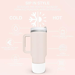 40oz Insulated Tumbler with Handle and Straw, Improved Leakproof Multifunctional Lid with Spill Stopper, Travel Mug for Hot & Cold Beverages with Cup Boot, Straw Cover & Straw Brush (Rose Blush)