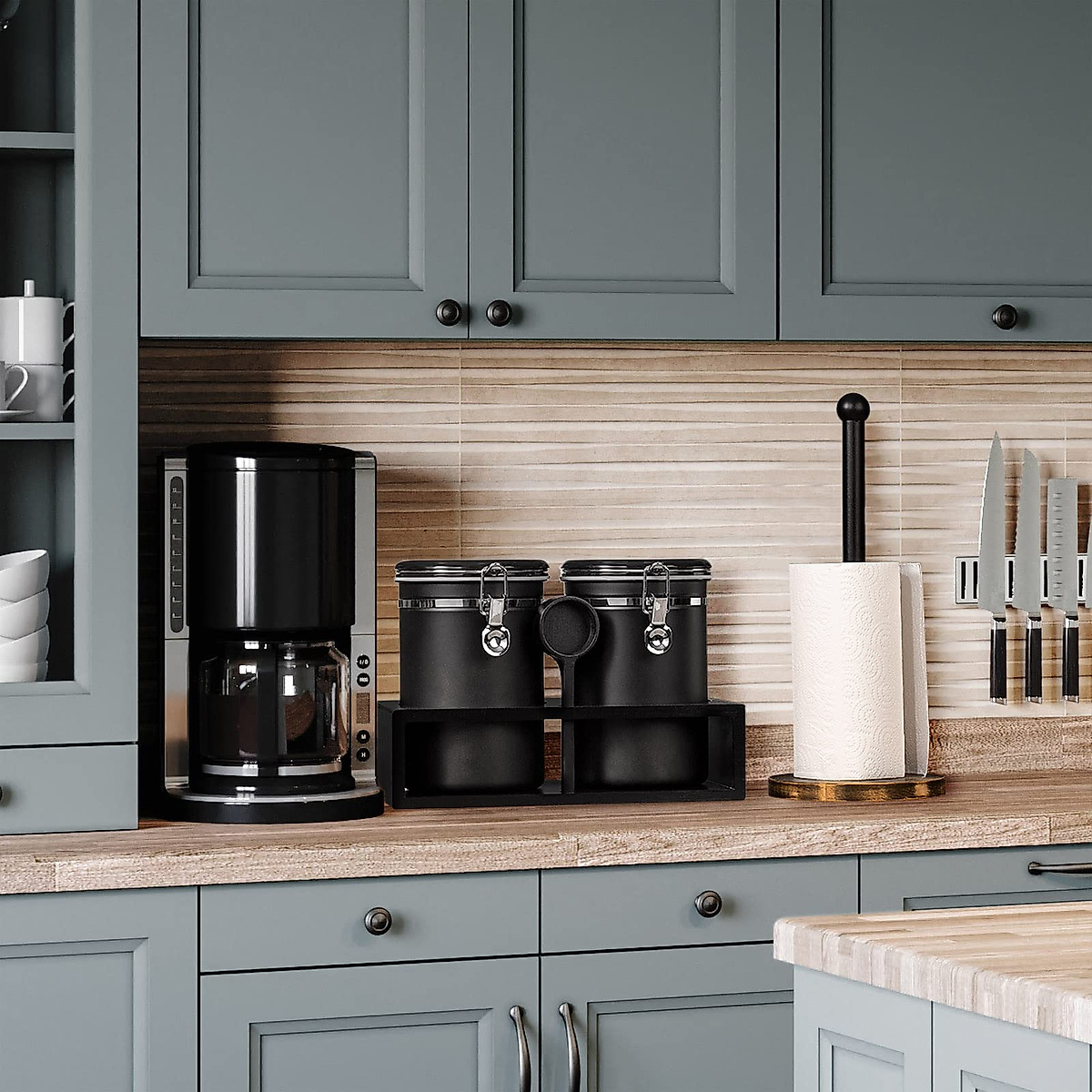 Yangbaga 304 Stainless Steel Coffee Containers with Shelf,2 x 66 FLOZ Coffee Bean Storage with Airtight Locking Clamp and Spoon, Large Capacity Food Storage Jar for Kitchen