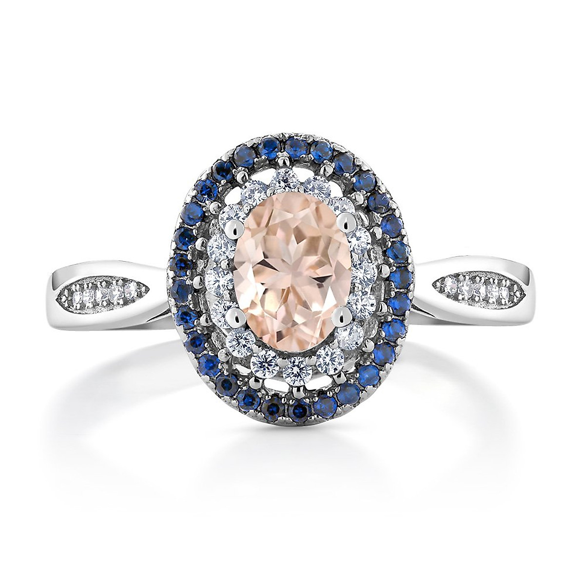 Gem Stone King 925 Sterling Silver 7X5MM Oval Gemstone Birthstone Double Halo Wedding Engagement Anniversary Promise Ring For Women | Available In Size 5, 6, 7, 8, 9