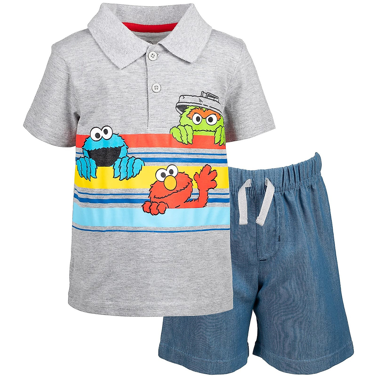 Sesame Street Oscar the Grouch Cookie Monster Elmo Toddler Boys Polo Shirt and Shorts Gray/Blue 2T