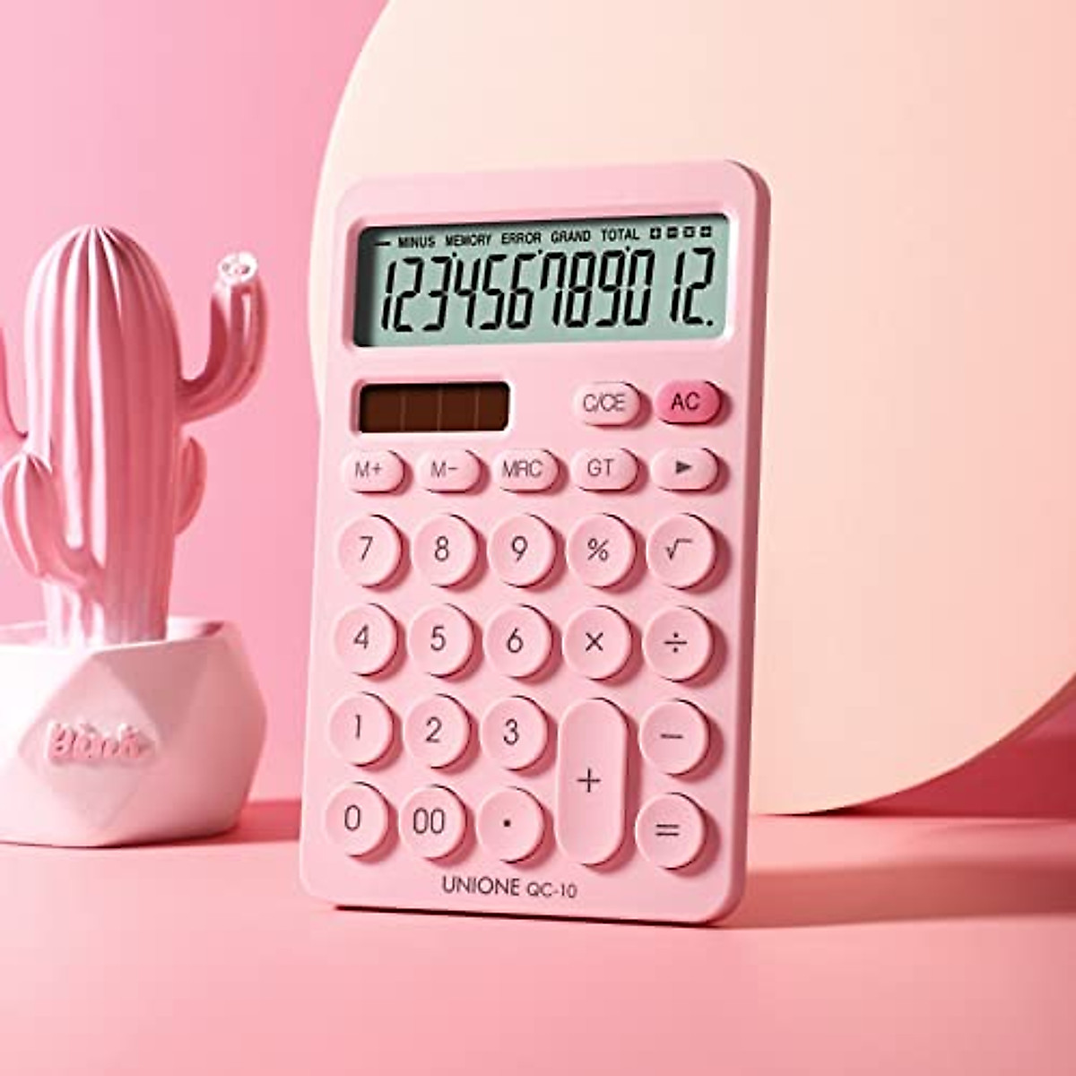UNIONE Pink Calculator with a Bright LCD, Dual Power Handheld Desktop. Color. Business, Office, High School (4×6.6in)