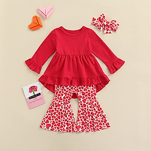 3Pcs Kids Toddler Baby Girl Valentine 's Day Outfits Red Long Sleeve Ruffle Shirt Heart Print Bell Bottom Pant Headband (Red, 90)