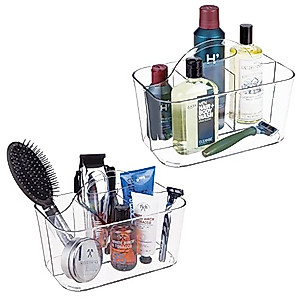 mDesign Small Plastic Shower/Bath Storage Organizer Caddy Tote with Handle for Dorm, Shelf, Cabinet - Hold Soap, Shampoo, Conditioner, Combs, Brushes, Lumiere Collection, 2 Pack, Clear