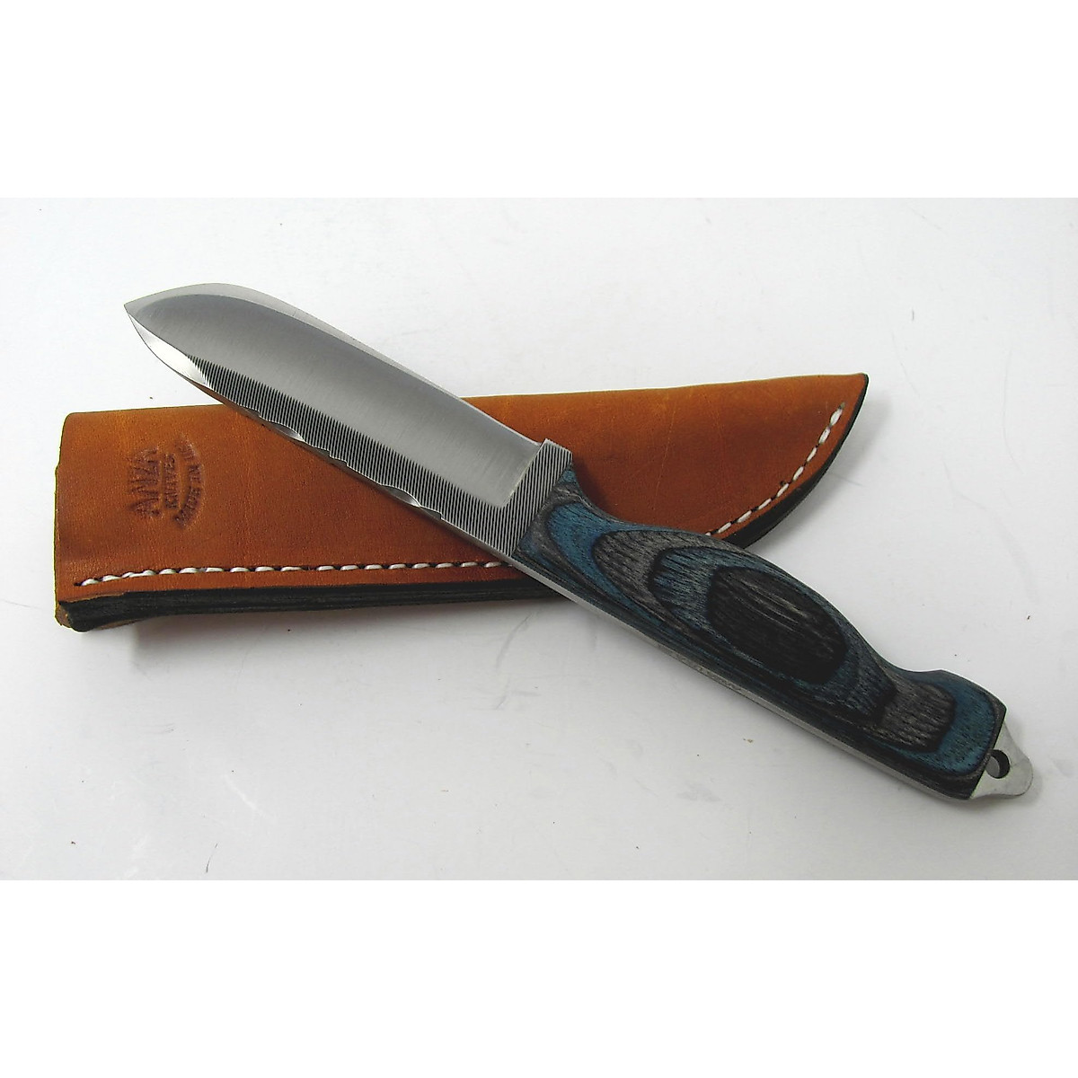 ANZA Boddington KNIVES Blue Black Wood Handle Bonus Walther Pocket Sharpener Knife Always Sharp