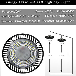200W-4Pack UFO LED High Bay Light,22000lm 6000K Daylight 2000W Equivalent with US Plug Cable LED Garage Lights Commercial Warehouse Area Light Workshop Garage Factory Lowbay Area Lighting