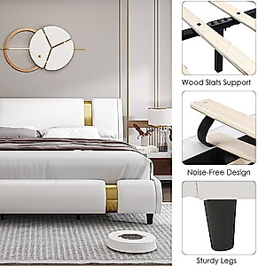 TTVIEW Modern Faux Leather Upholstered Platform Bed Frame with Golden Iron Metal Decor, Adjustable Curved Headboard, Wooden Slats Support, No Box Spring Needed, Queen Size, White