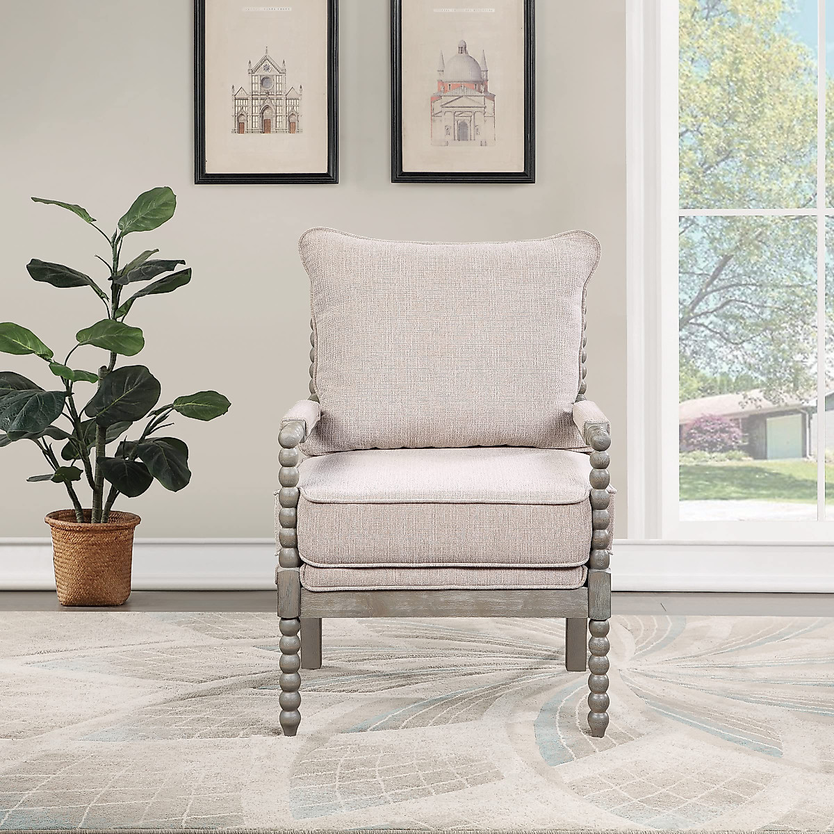 OSP Home Furnishings Abbott Spindle Accent Chair with Padded Spring Seat and Brushed Grey Base, Linen Fabric