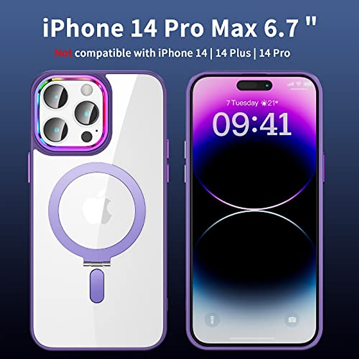 Facweek Compatible with Magsafe iPhone 14 Pro Max Case with Magnetic Stand, Clear Back Full Protection Case [2 Screen Protectors+1 Lens Protector+Iridescent Camera Bezel] 6.7 Inch, Clear and Purple