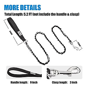Chew Proof Metal Leash Chain Dog Leash for Medium Large Dogs, Chain Link Dog Leash Anti Chew 5FT Strong Anti Bite Dog Leash Comfortable Soft Padded Handle Black