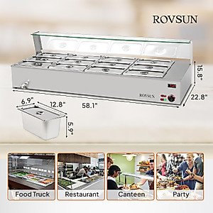 ROVSUN 96QT Steam Table, 12-Pan Electric Commercial Food Warmer Stainless Steel Bain Marie Countertop w/Glass Shield Temperature Control & Lid for Buffet Party Catering Restaurant 8QT/Pan 1500W 110V