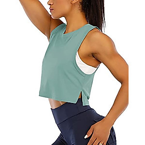 HIOINIEIY Womens Crop Top Workout Cropped Shirts Muscle Tank Athletic Gym Exercise Clothes Light Green L