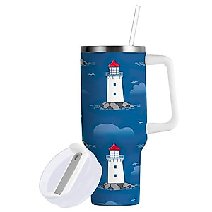 RPLIFE Whimsical Sweet Lighthouse Blue Coffee Tumbler with Handle, Stainless Steel Coffee Tumbler, Cups with Lids