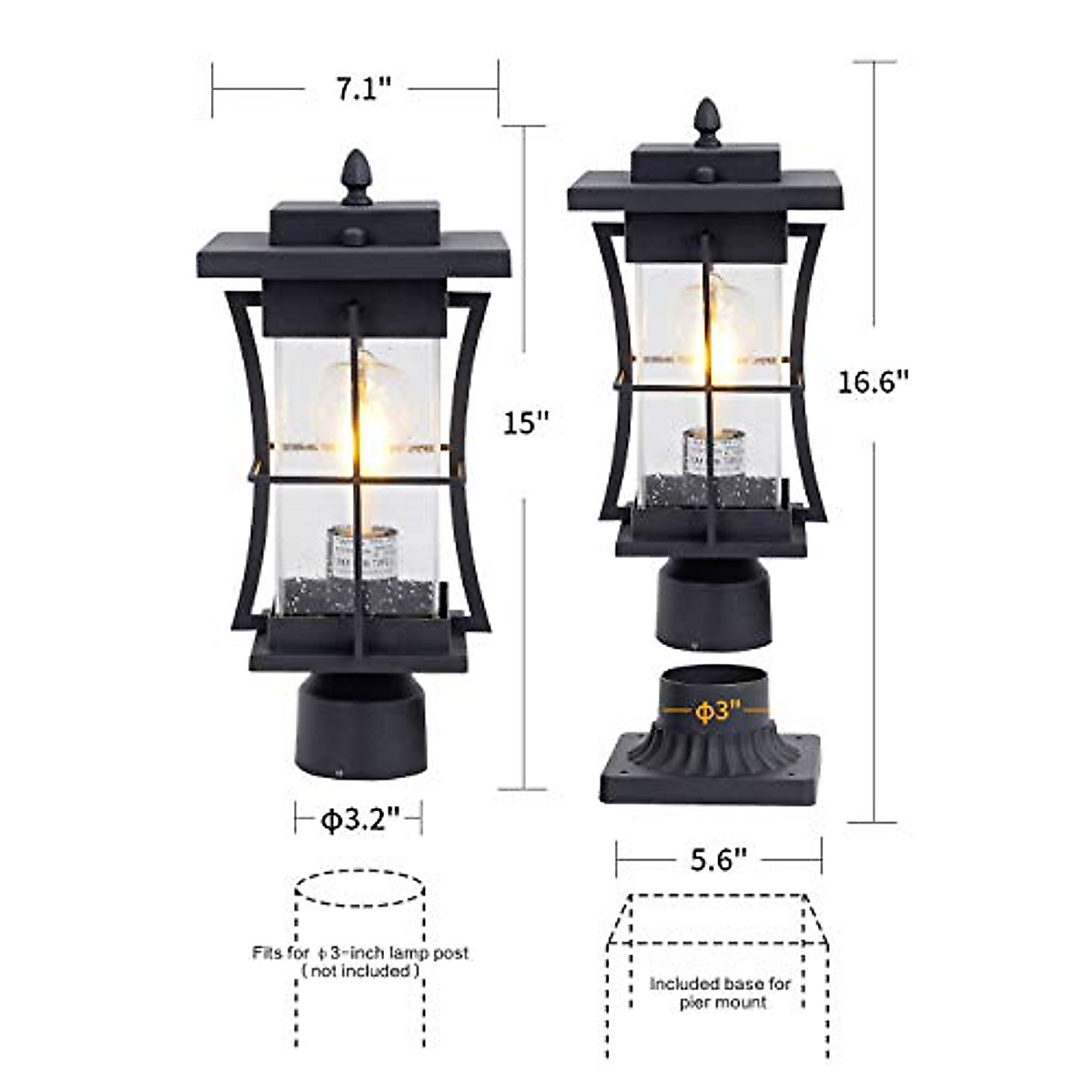 EERU Waterproof Outdoor Post Light Fixture Pole Mount Light with Pier Mount Adapter, Black Finish with Seeded Glass Outdoor Post Lantern for Patio, Garden, Porch and Backyard
