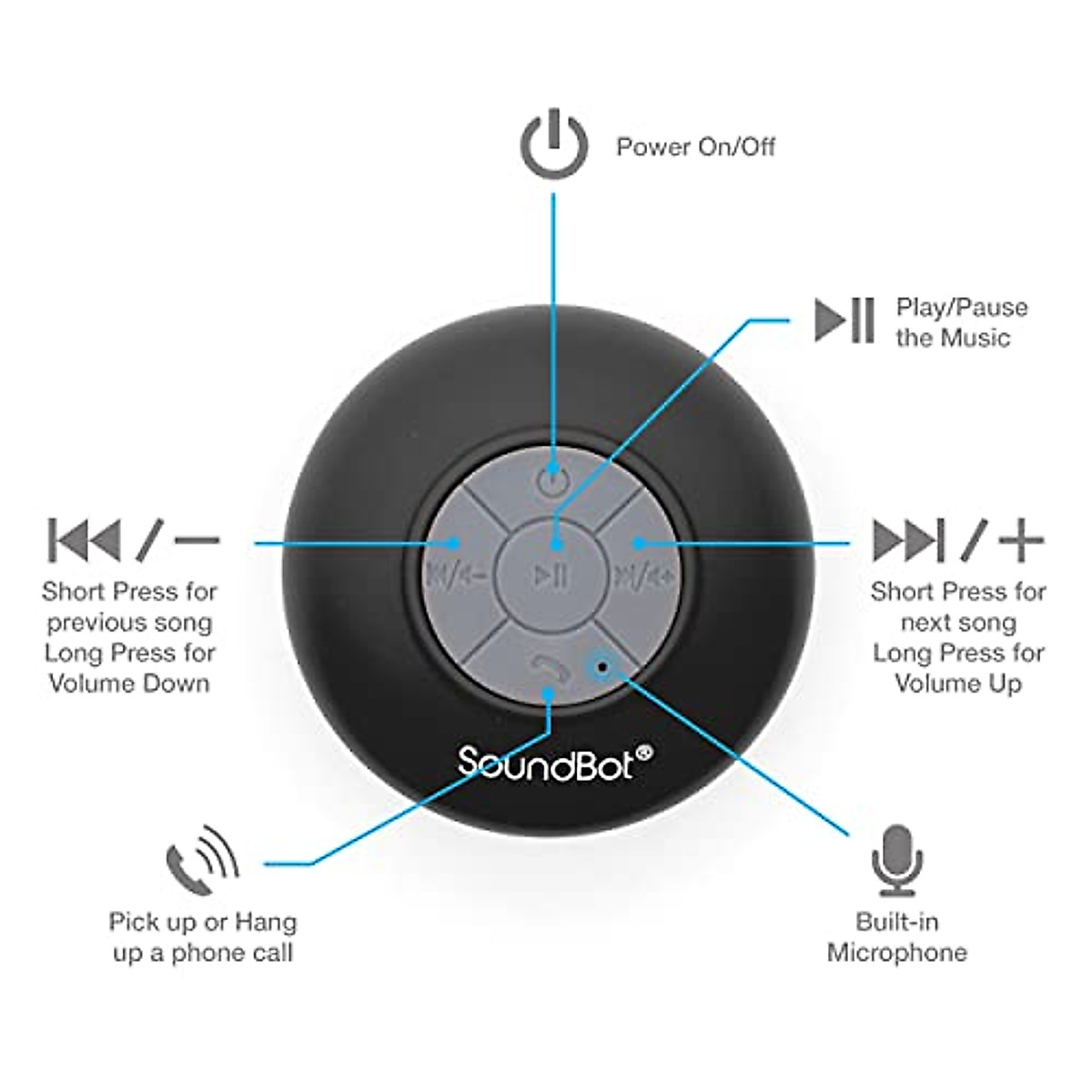 Soundbot SB510 Bluetooth Shower Speaker HD Water Resistant Bathroom Speakers, Handsfree Portable Speakerphone with Built-in Mic, 6hrs of Playtime, Control Buttons and Dedicated Suction Cup (Black)