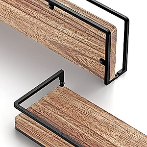 Meangood Floating Shelves Wall Mounted Set of 2, Rustic Wood Wall Storage Shelves for Bedroom,Living Room,Bathroom, Kitchen Torched Wood