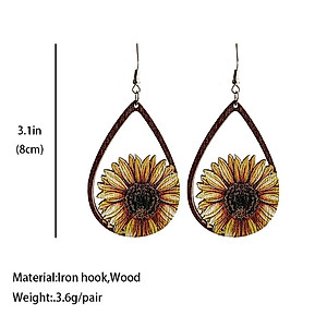 Western Cowgirl Cowboy Wooden Teardrop Dangle Earrings for Women Boho Vintage Turquoise Aztec Pattern Cactus Print Leather Earrings Jewelry(Sunflower)
