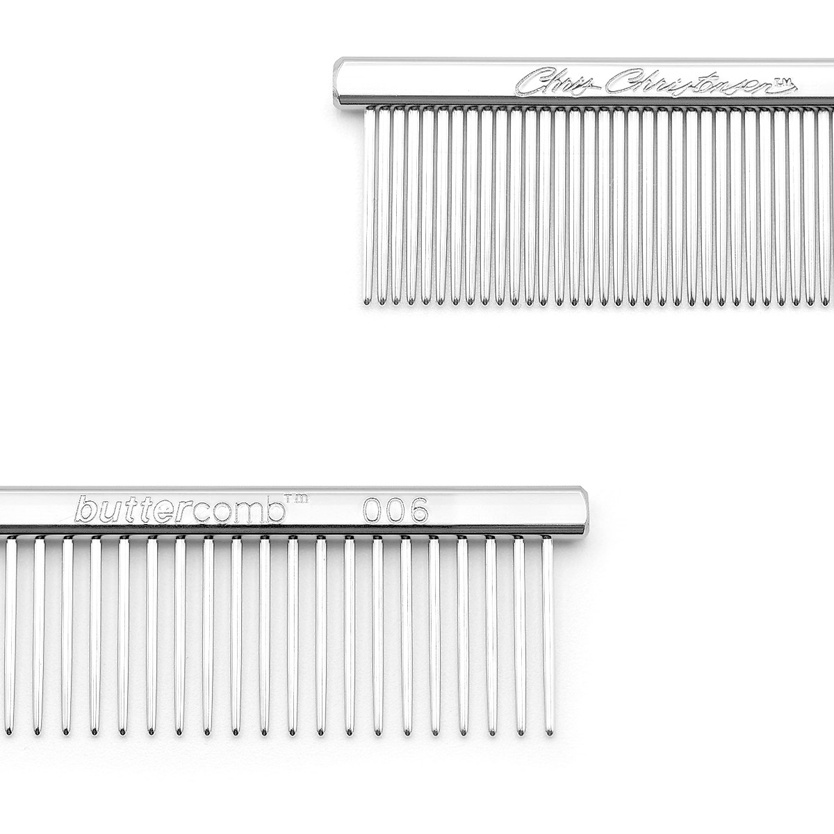 Chris Christensen 5in Face and Feet Fine/Coarse Butter Comb, Groom Like a Professional, Rounded Corners Prevent Friction and Breakage, Solid Brass Spin with Steel Teeth, Chrome Finish