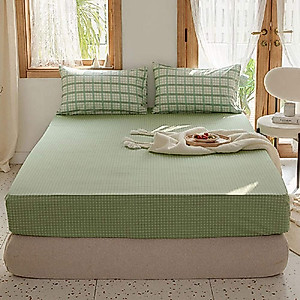 LifeTB 4 PCS Reversible Green Plaid Duvet Cover Set 【1 Queen Duvet Cover + 2 Standard Pillowcases + 1 Queen Fitted Sheet】