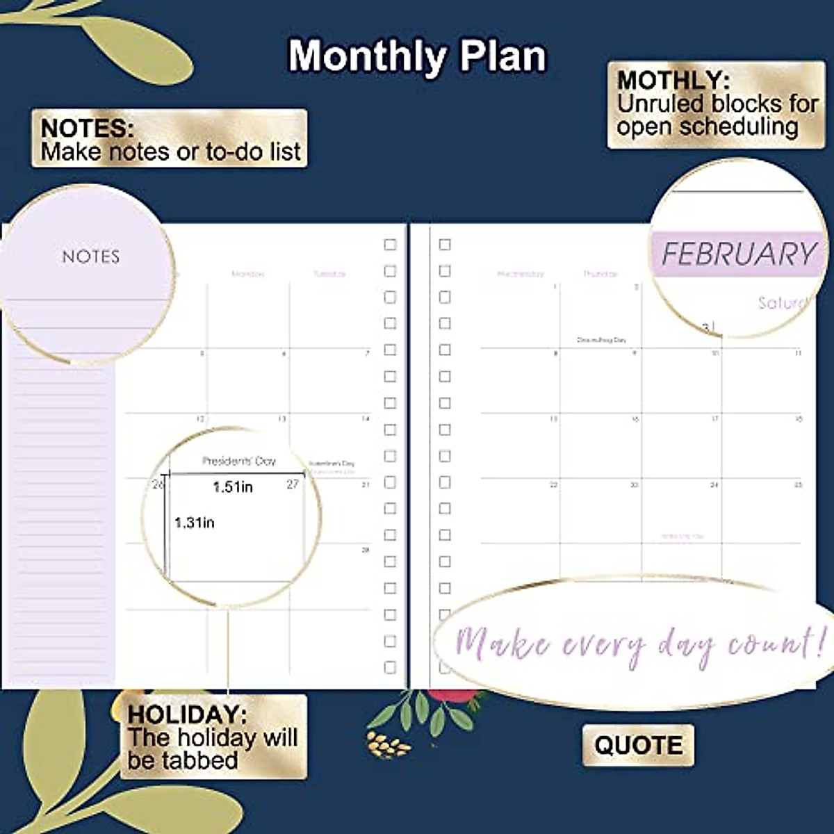 2023 Planner - Weekly & Monthly Planner 2023 with Stickers, Dated Jan 2023 - Dec 2023, 8.9" x 9.3", 12 Month Hardcover Planner for Women, Daily Spiral Agenda with Tabs, Laminated Dividers, Flower