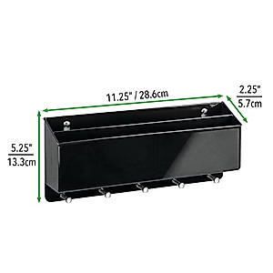 mDesign Wall Mount Plastic Divided Mail Organizer Storage Basket - 2 Sections, 5 Metal Peg Hooks - for Entryway, Mudroom, Hallway, Kitchen, Office - Holds Letters, Magazines, Coats, Keys - Black