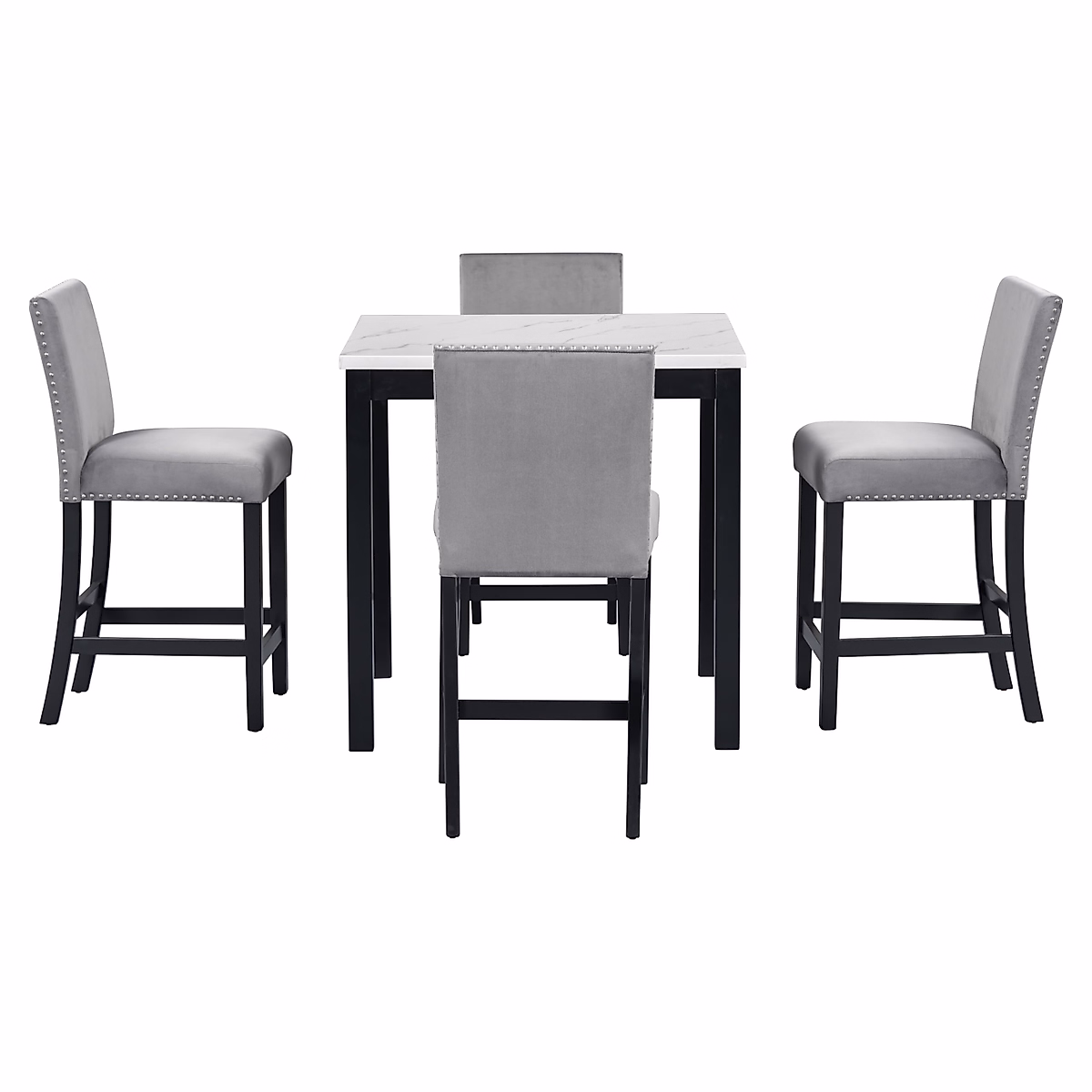 Merax Dining Table Set for 4, Counter Height Dining Table Set with Faux Marble Dining Table and 4 Upholstered-Seat Chairs, 5 Piece Dining Room Table Set for Kitchen and Living Room Furniture, Gray