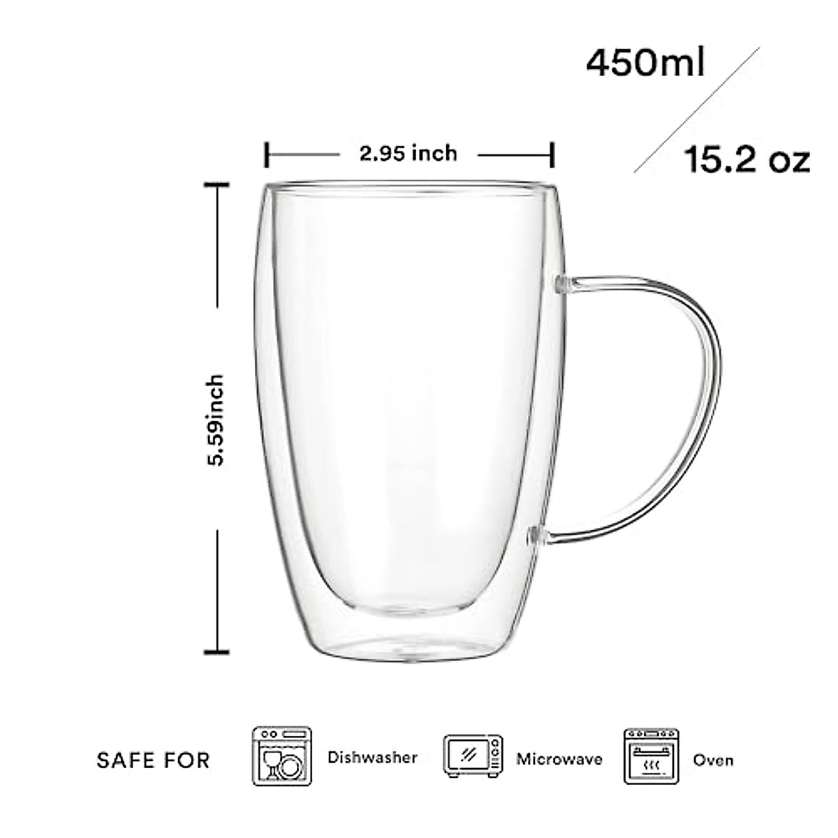 MARKABLE Interiorsbydebbi Selected Double Wall Glass Coffee Mug, 15.2 Ounces-Clear Glass Coffee Cup with Handle, Insulated Coffee Glass, Cappuccino Cup, Tea Cup, Latte Cup, Beverage Glass