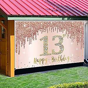 Happy 13th Birthday Banner Backdrop Decorations for Girls, Rose Gold 13 Birthday Party Sign Supplies, Pink 13 Year Old Birthday Poster Background Photo Booth Props Decor