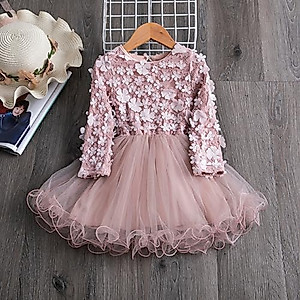 TTYAOVO Girls Longsleeve Lace 3D Flowers Tulle Layered Princess Party Dresses Size(140) 5-6 Years Dusty Pink