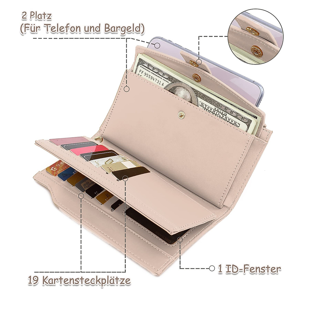 TAN.TOMI Wallet for Women RFID Blocking Vegan Leather Card Holder Phone Checkbook Organizer Zipper Coin Purse（Pink）