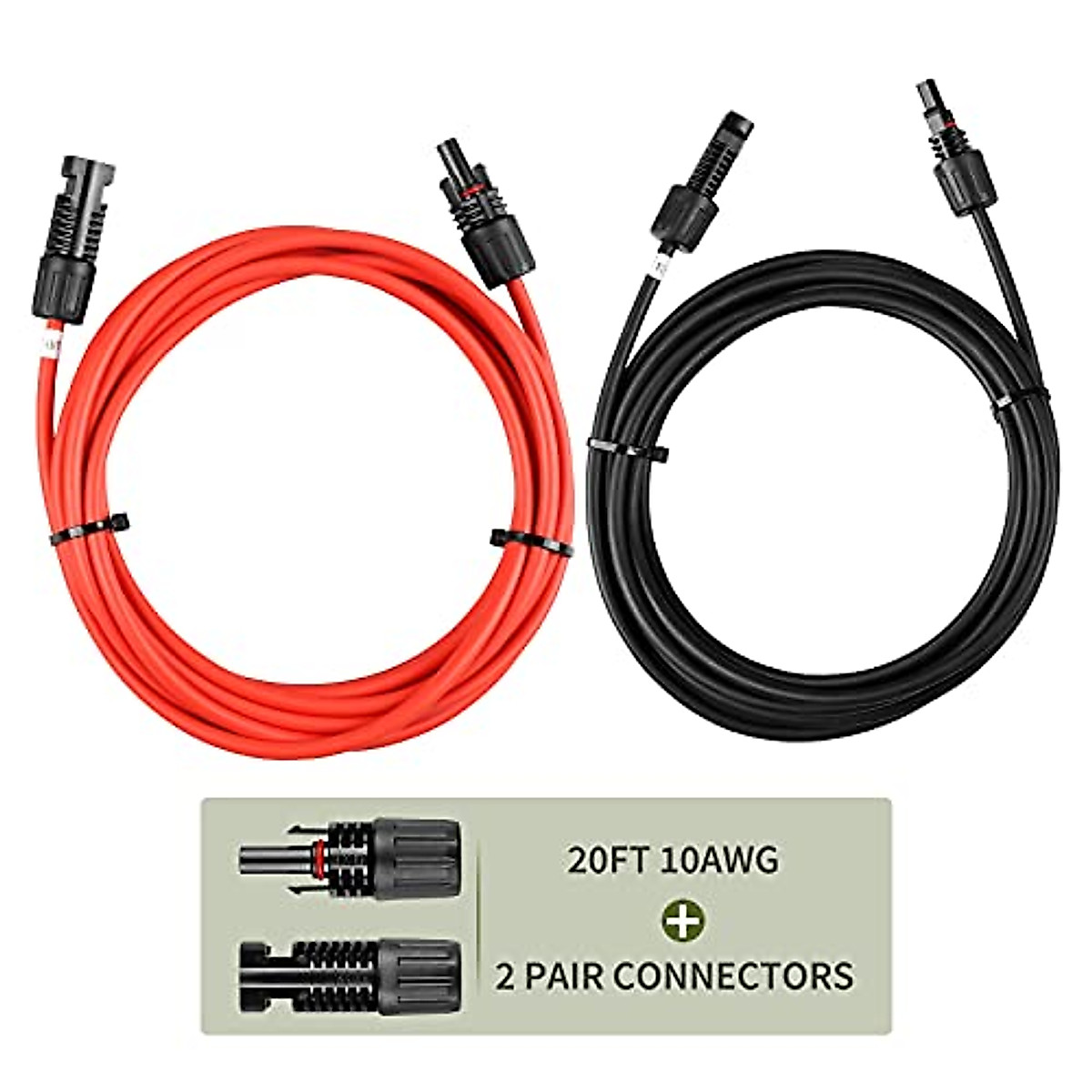 HQST Solar Panel Extension Cable 20 Feet 10AWG with Female and Male Connector Solar Panel Adaptor Kit Tool (20FT Red + 20FT Black)