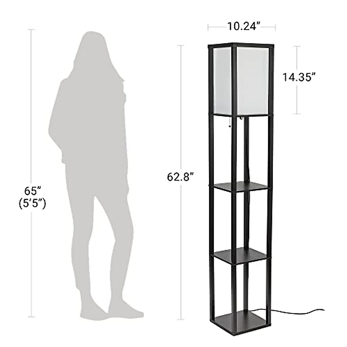 Catalina Lighting 17559-011 Modern Faux Wood Floor Lamp with Shelves and Ivory Linen Shade, 63", Classic Black