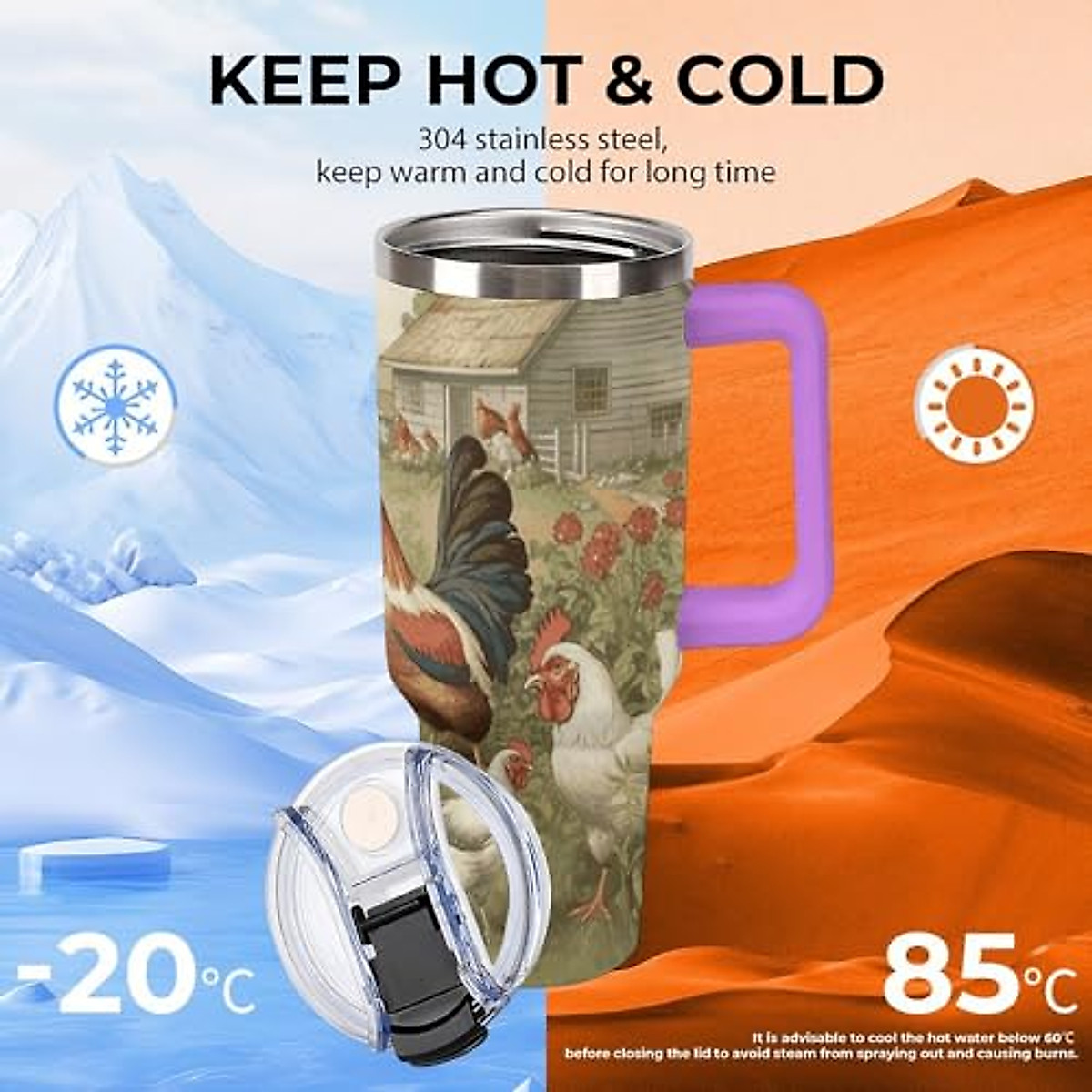 LLUTSNTH 40 Oz Vacuum Tumbler with Violet Handle Leakproof Insulated Tumbler Chickens And Farm Stainless Steel Travel Mug with Lid And Straw Coffee Cup Cute Water Bottles Cup Holder Friendly
