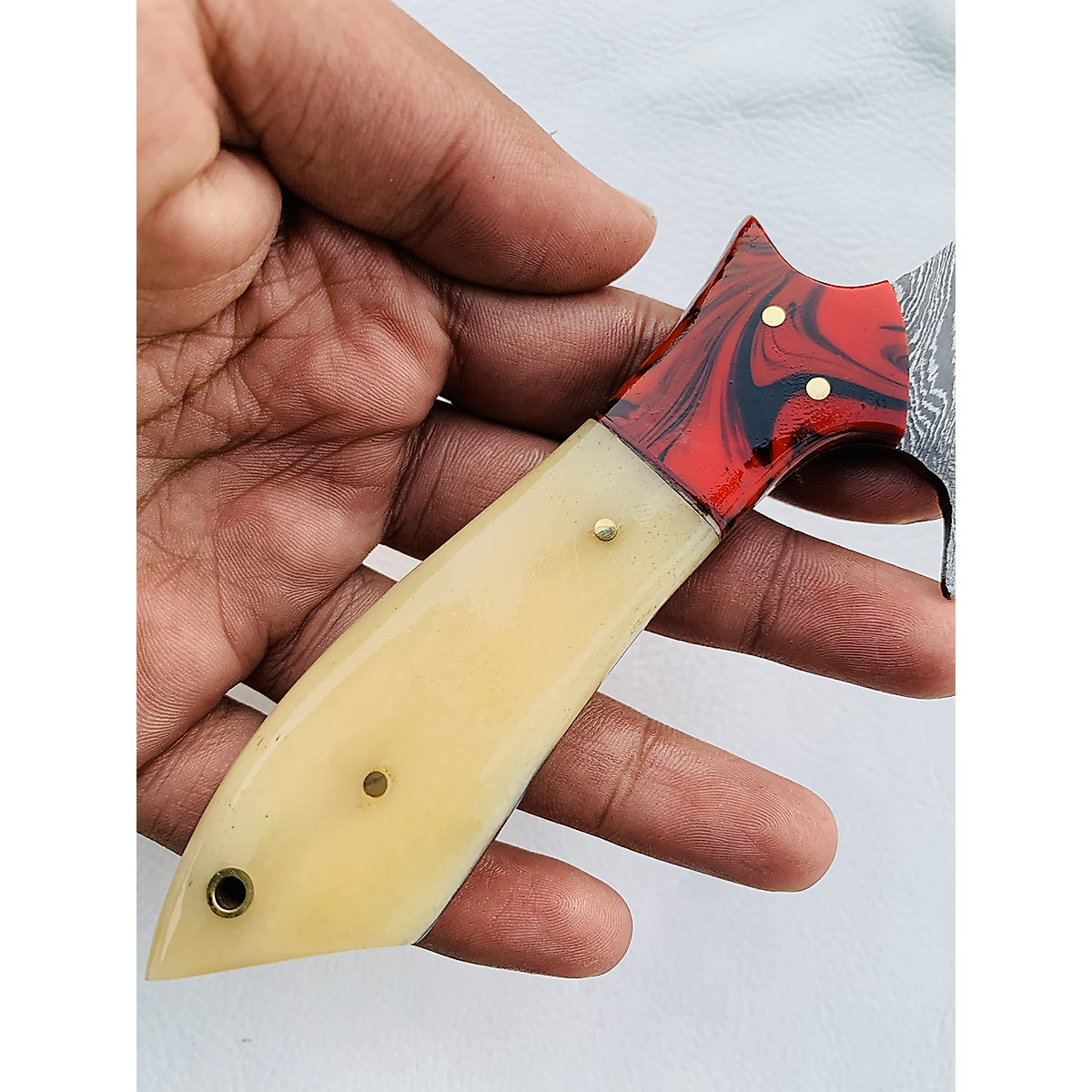 NUSHBA 017 Handmade Fixed Blade Hunting Skinner Knife, Damascus Steel Blade, Camal Bone Handle -Best Hunting Knife with Cow Brown Leather Sheath