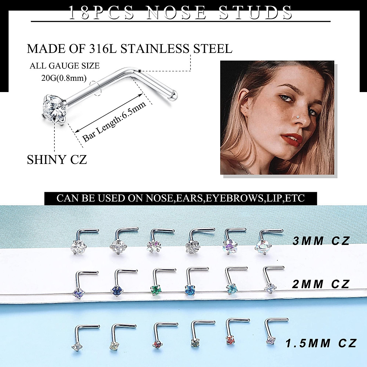 ZZHDCC Nose Studs 20G 316L Surgical Steel Nose Rings Studs For Women Men Lip Cartilage Nose Piercing Jewelry 18PCS Colorful CZ Heart Star L Shaped Nose Rings (L Shaped)