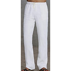 Youhan Men's Fitted Elastic Waistband Cotton Linen Pants with Drawstring (Medium, White)