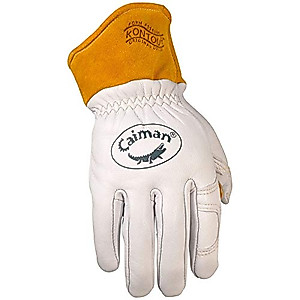 Caiman Premium Goat Grain TIG/MIG Welding Gloves with Wool Insulated Back, Scalloped Cuff, Boarhide Palm, Unlined, Reinforced Thumb, Kevlar, Kontour Design, White/Gold, Medium (1871-4)
