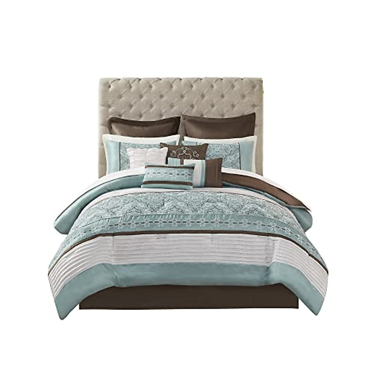 Madison Park Essentials Jelena Room in A Bag Faux Silk Comforter Classic Luxe All Season Down Alternative Bedding, Matching Bedskirt, Curtains, Decorative Pillows, Queen(90"x90"), Seafoam 24 Piece