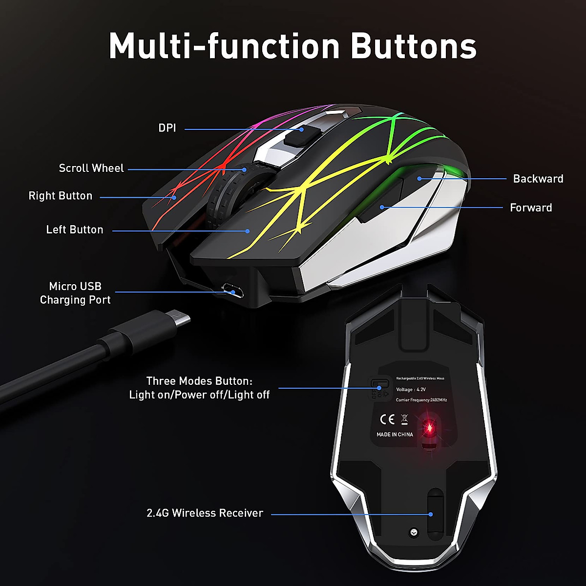 RIIKUNTEK Wireless Gaming Mouse, Computer Mouse Rechargeable with 3 Adjustable DPI, Silent Click, USB Receiver, LED Lights, 2.4GHz Portable Ergonomic RGB Optical Gamer Mice Mouse for Laptop PC Black