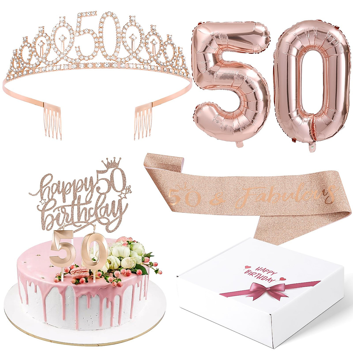 50th Birthday Decorations Gifts for Women Birthday Party Favors Including 50th Crown/Tiara,"Birthday fabulous" 50th Sash,50th Birthday Candles and Cake Toppers, Rose Gold 50th Balloons