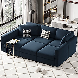 Belffin Modular Velvet Sectional Sofa with Chaise Lounge Sectional Sleeper Sofa with Storage Chaise Sofa Bed Couch for Living Room Blue