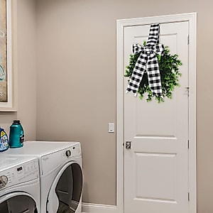 Artificial Eucalyptus Wreath Greenery Hanging Wreath Kitchen Cabinet Wreath with Buffalo Plaid Bow Black and White Check Bow for Christmas Front Door Home Wall Porch Patio Garden Decor