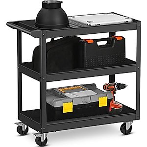 IRONMAX 3-Tier Utility Service Cart, 400 Lbs Heavy Duty Metal Trolley Rolling Cart w/Ergonomic Flat Handle, Lockable 360°Swivel Wheels, Chic Mechanic Tool Cart for Garage Warehouse & Repair Shop