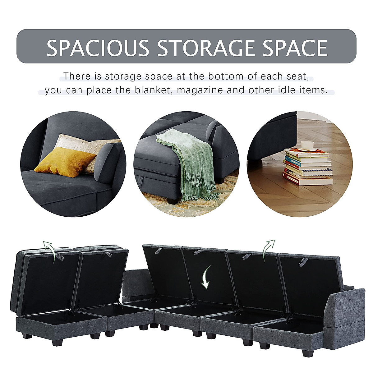 Lifeand Modern Large U-Shape Modular Sectional, Convertible Sofa Bed with Reversible Chaise for Living Room, Storage Seat, Gray