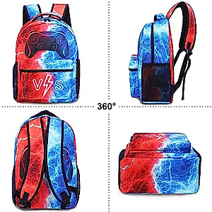 HSELOGI Gamer Backpack for Boys Girls, Kids Gaming Backpack with Lunch Bag, 17" Laptop Backpack School BookBag Set with Keychain