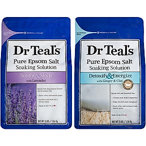Dr Teal's Pure Epsom Salt Bath Variety Gift Set (2 Pack, 3lb Ea.) - Soothe & Sleep Lavender, Detoxify & Energize Ginger & Clay - Essential Oils Remove Harmful Toxins from Body, Promotes Better Sleep