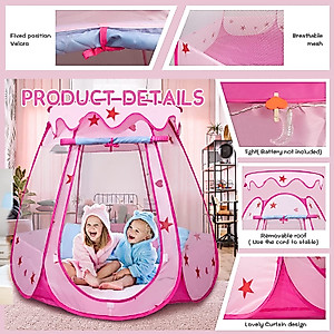 Pricess Tent, Kids Pop Up Tent with Star Light and Clip, Foldable Kids Princess Castle Playhouse Tent Indoor for Girls,Pink Indoor Outdoor 1 2 3 Year Old Girls Toy Gift for Birthday/Christmas